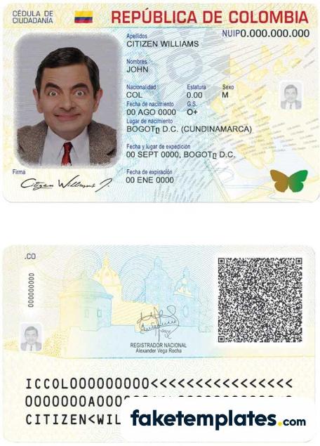 fake Colombia 2020-present ID card download PSD template - download ...