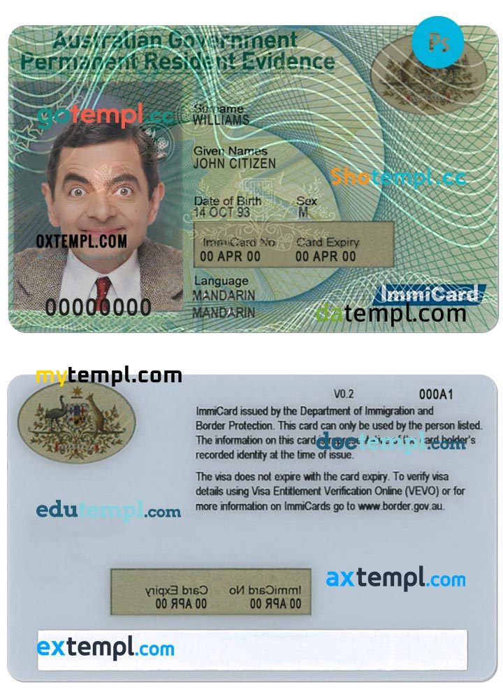 fake Australian permanent residence card PSD template | with fonts ...