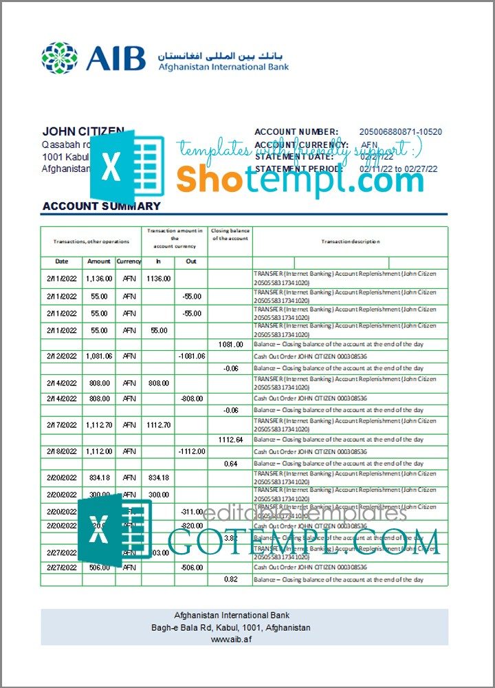 fake Afghan International Bank (AIB) bank statement 3 - 6 months download Excel and PDF template ...