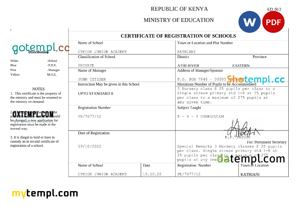 fake Kenyan certificate of registration of schools Word and PDF ...