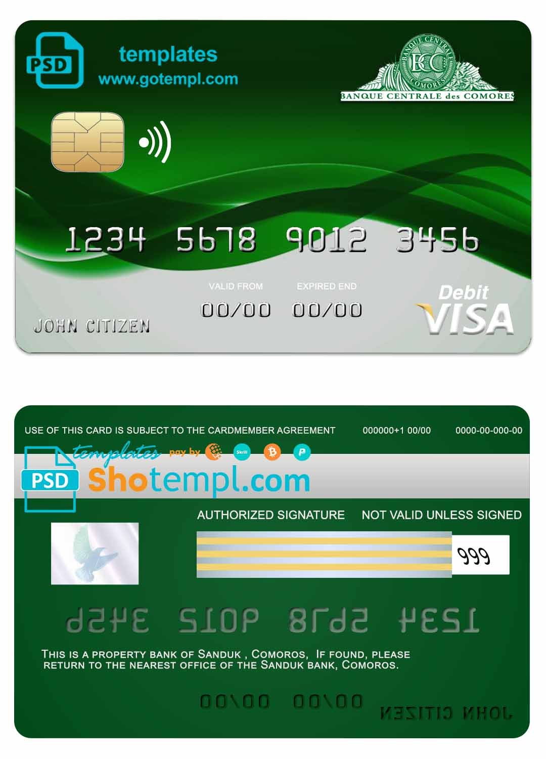 fake Comoros Sanduk bank visa credit card download PSD template, fully ...
