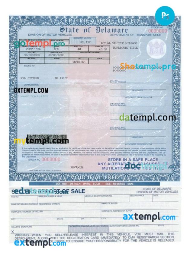 fake Delaware certificate of title of a vehicle (car title) download ...