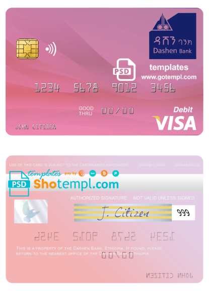 fake Ethiopia Dashen Bank visa debit credit card download PSD template ...
