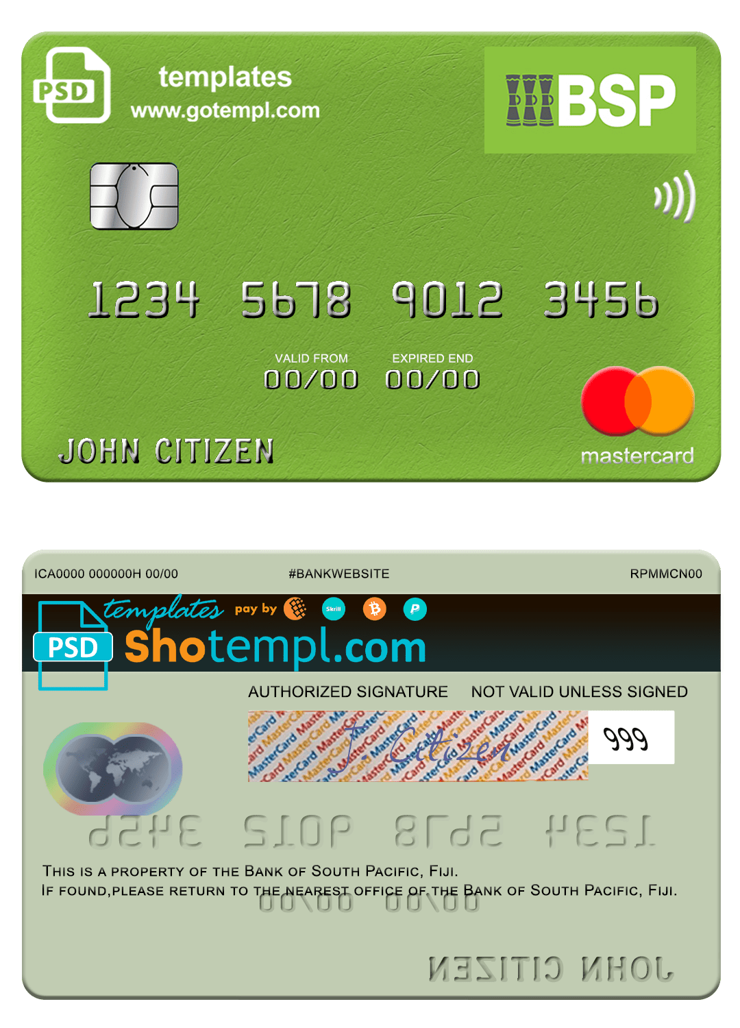 fake Fiji Bank of South Pacific mastercard credit card template in ...
