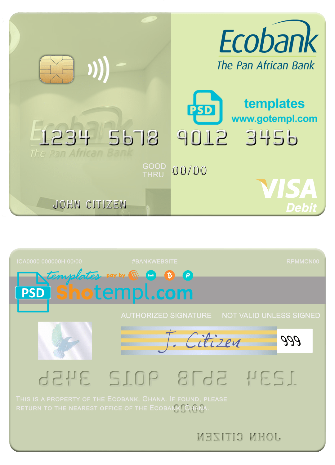 fake Ghana Ecobank Ghana visa debit card download PSD template ...