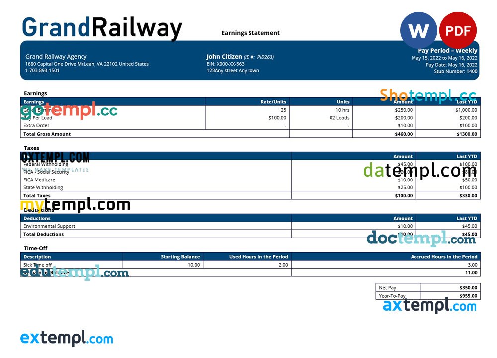 fake Grand Railway company paystub download Word and PDF template ...