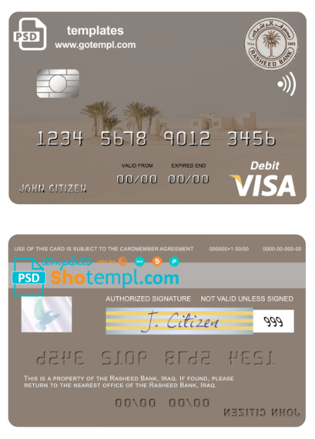 fake Iraq Rasheed Bank visa card download PSD template, fully editable ...