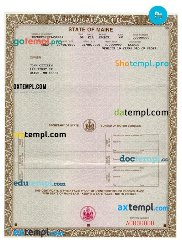 fake Maine certificate of title of a vehicle (car title) download PSD ...