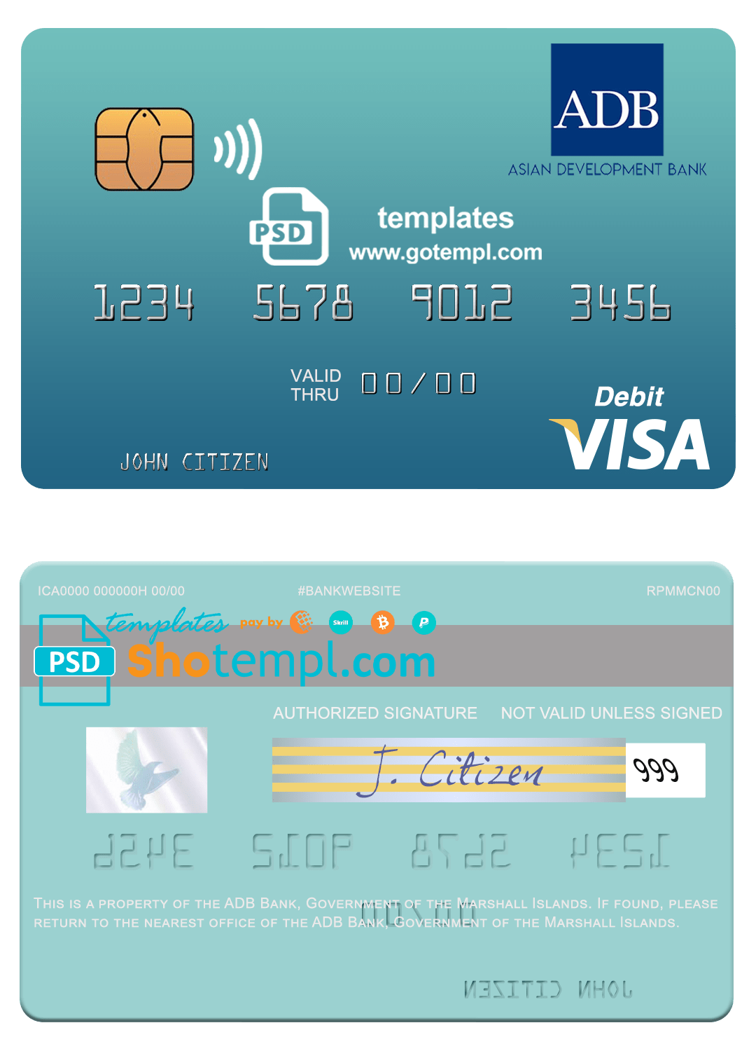 fake Marshall Islands ADB Bank visa credit card download PSD template ...