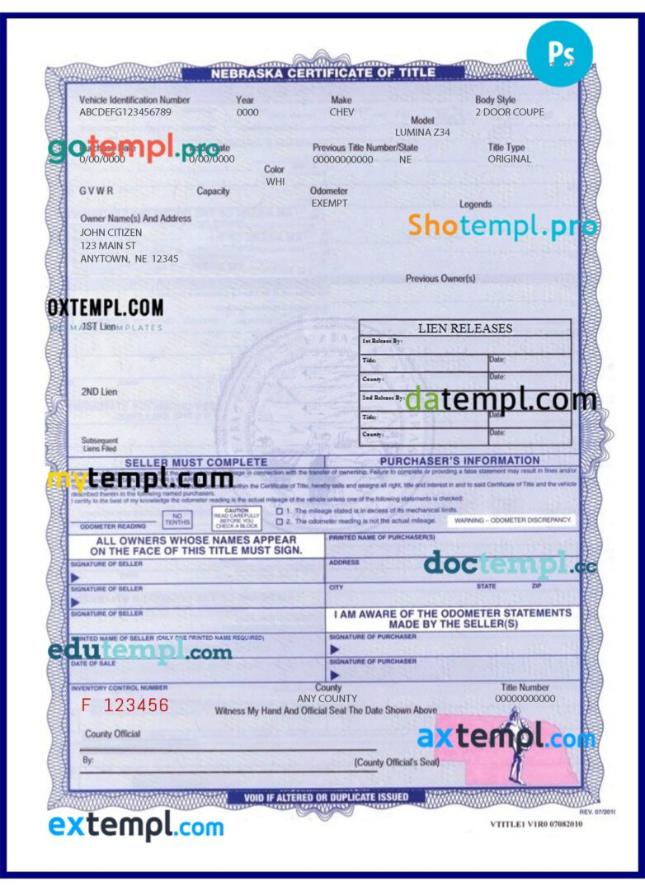fake Nebraska certificate of title of a vehicle (car title) download ...