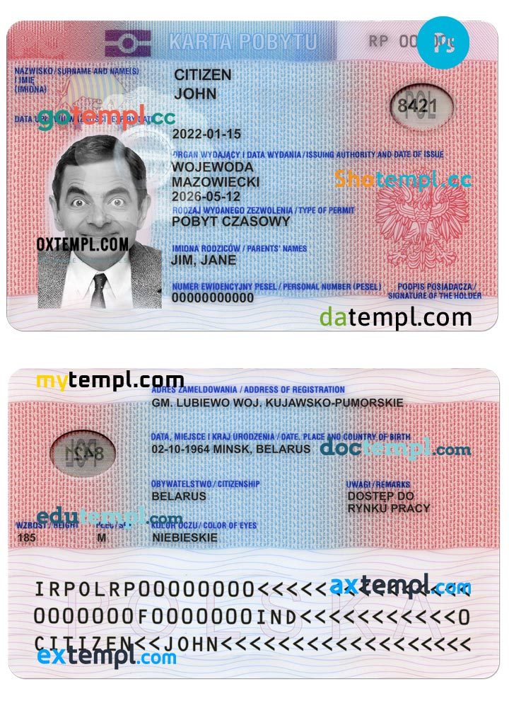 fake Polish residence permit PSD template - download fake templates ...