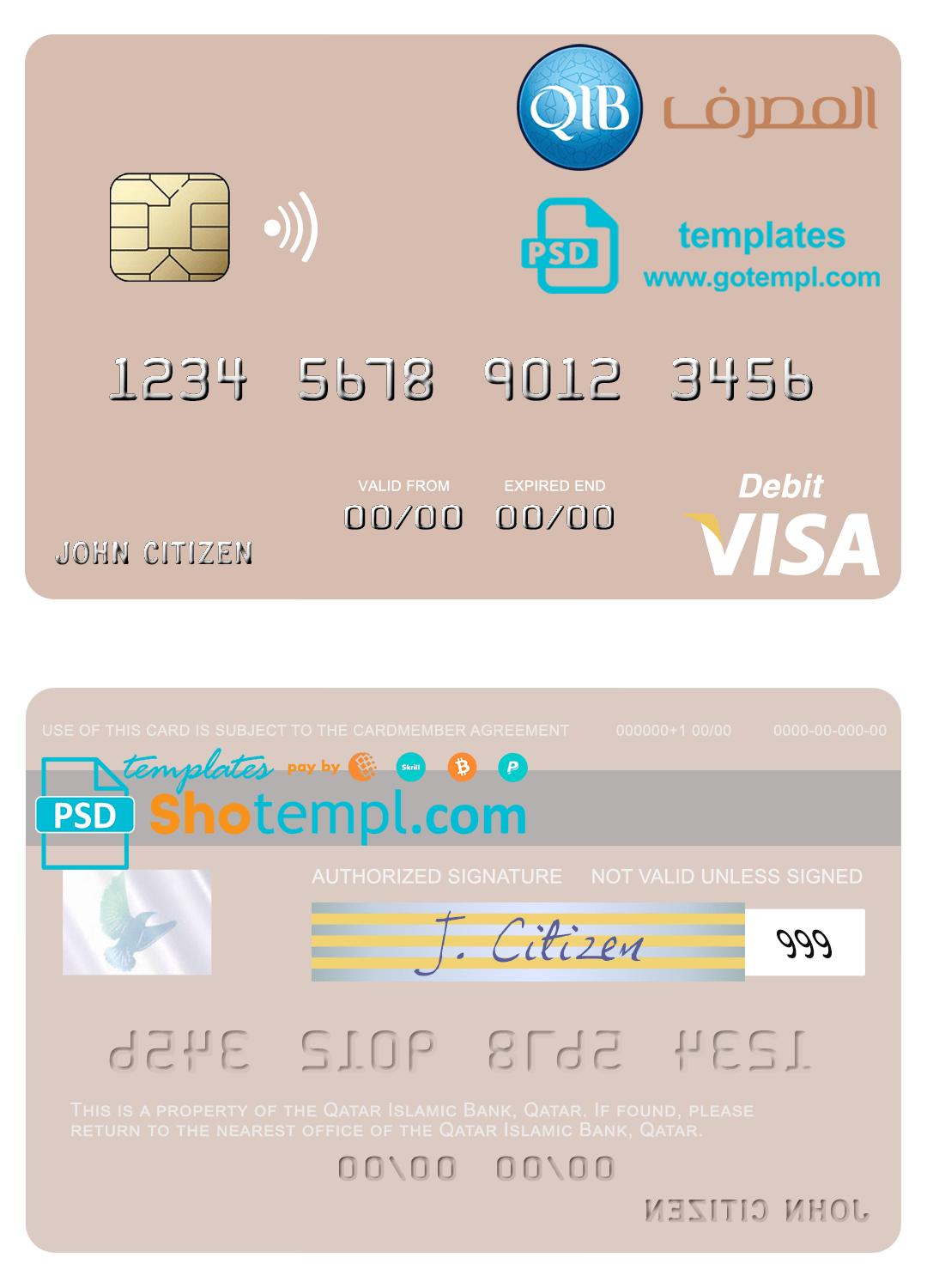 fake Qatar Islamic Bank visa debit card, fully editable download PSD ...
