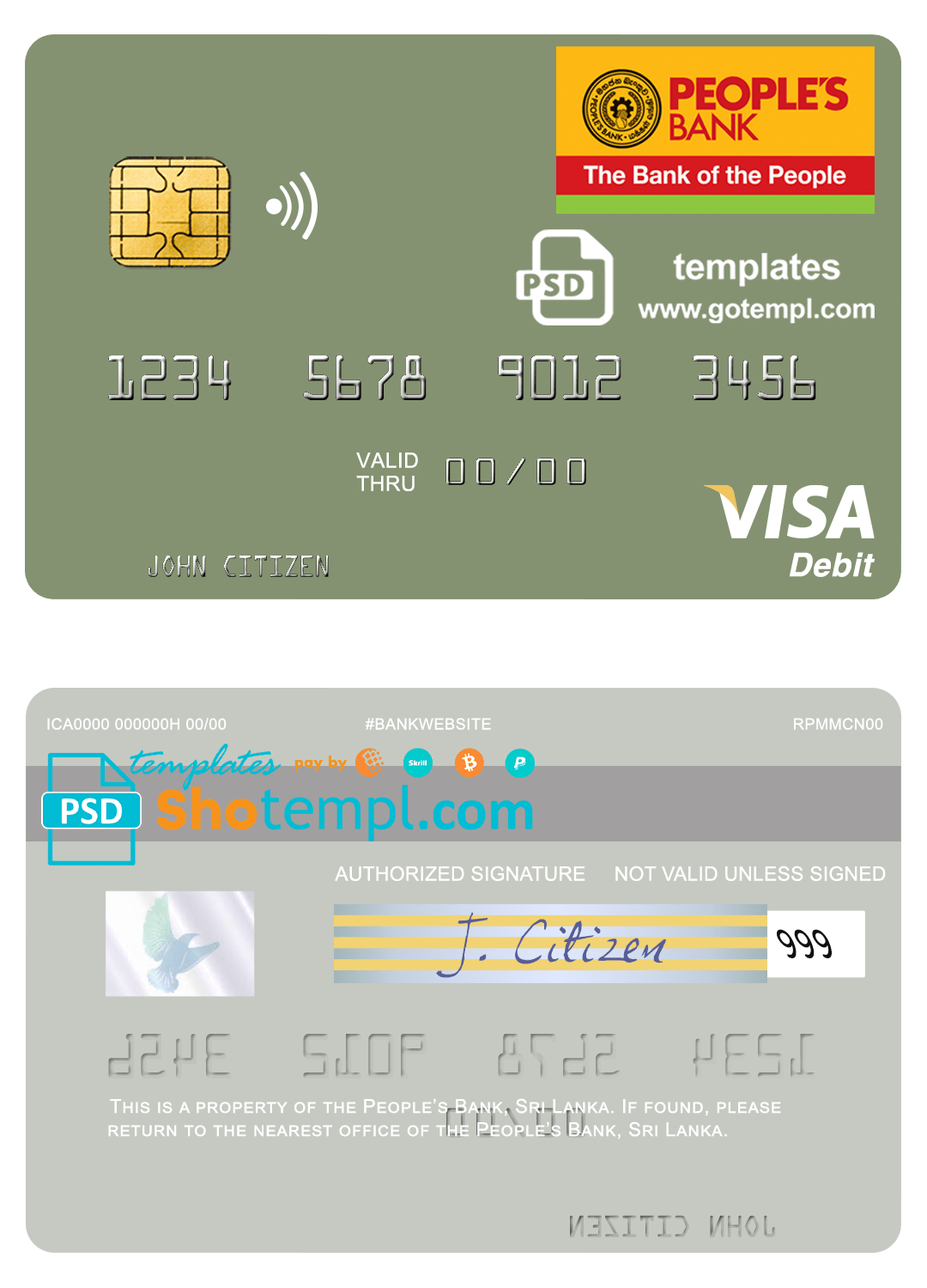 fake Sri Lanka People’s Bank visa debit card download PSD template ...