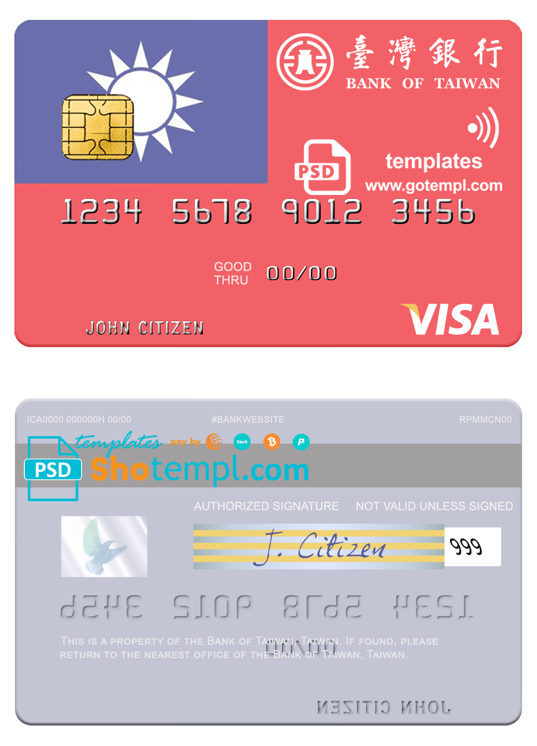 fake Taiwan Bank of Taiwan visa debit card download PSD template ...
