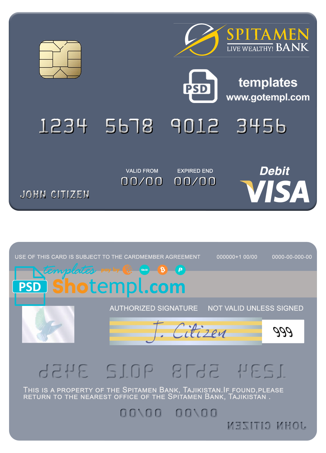 fake Tajikistan Spitamen Bank visa debit card download PSD template ...