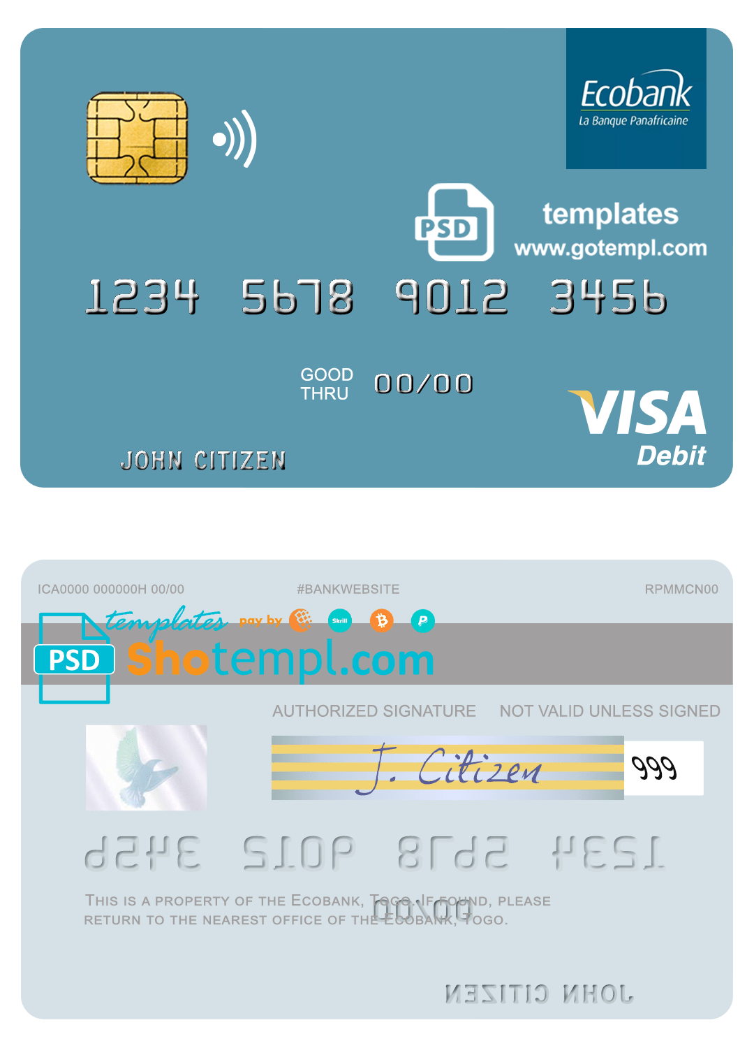 fake Togo Ecobank visa debit card download PSD template - download fake ...