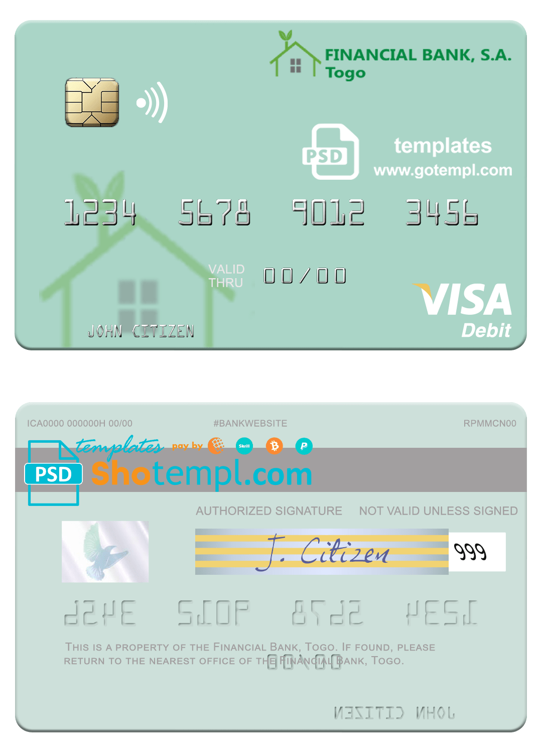 fake Togo Financial Bank visa debit card download PSD template ...
