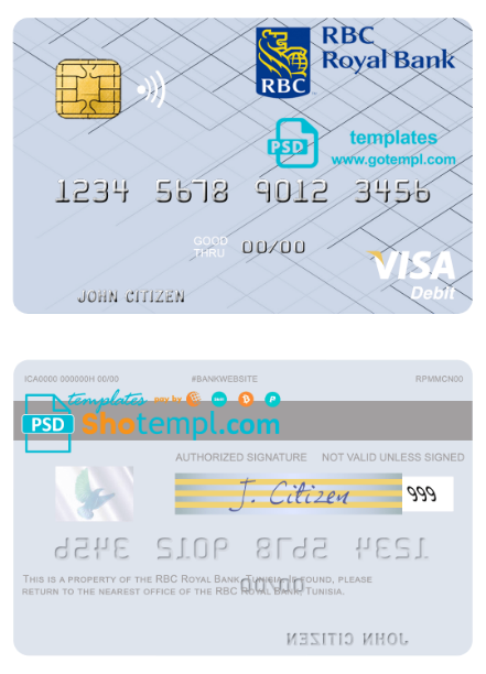 fake Tunisia RBC Royal Bank visa debit card download PSD template ...