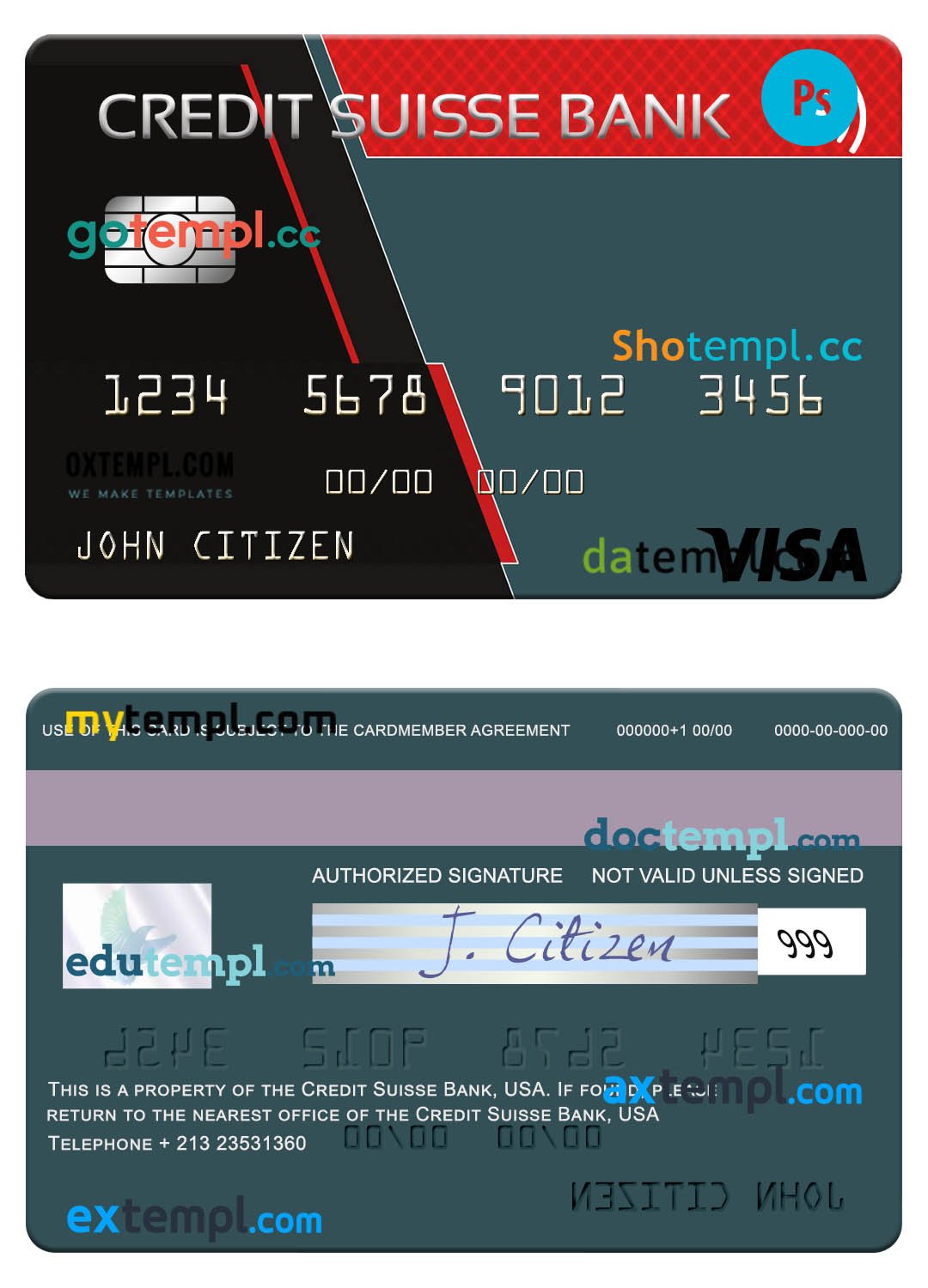 fake USA Credit Suisse Bank visa card download PSD template - download ...