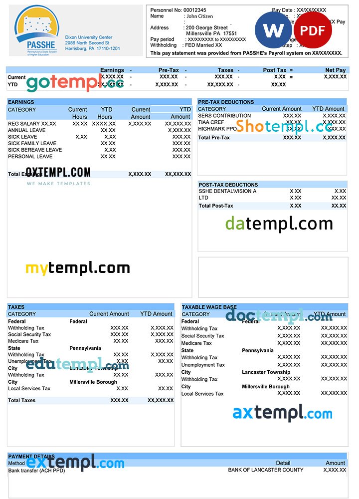 fake USA DIXON University center paystub download Word and PDF template ...