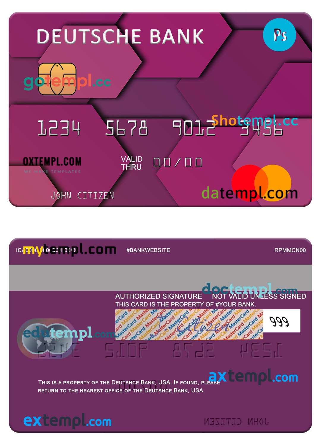 fake USA Deutsche Bank mastercard download PSD template - download fake ...