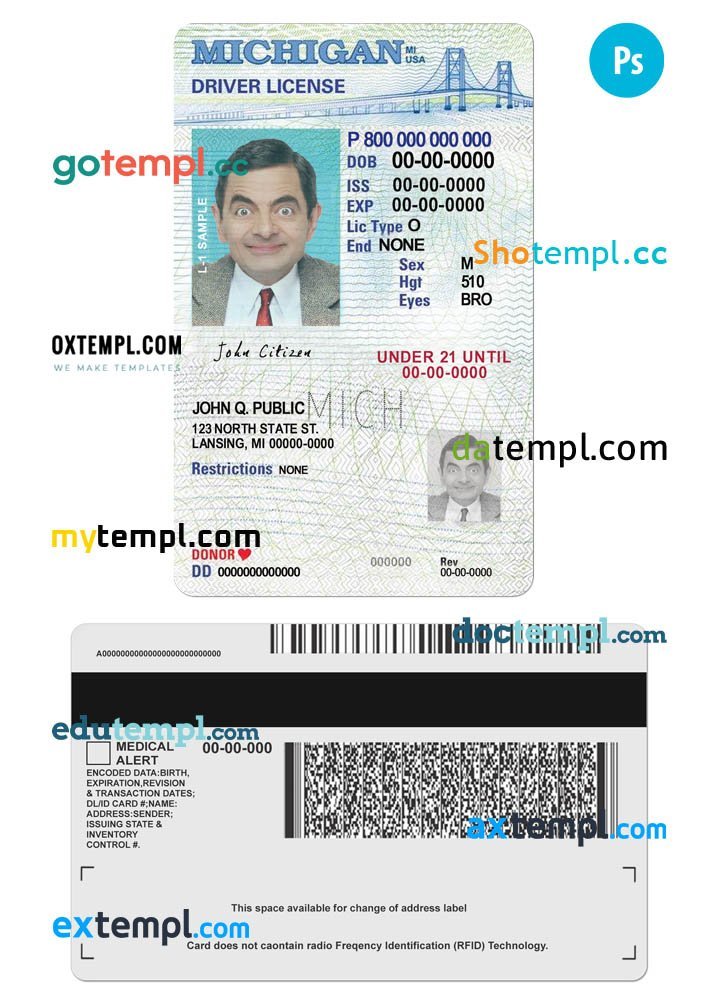fake USA Michigan under 21 driving license download PSD template ...