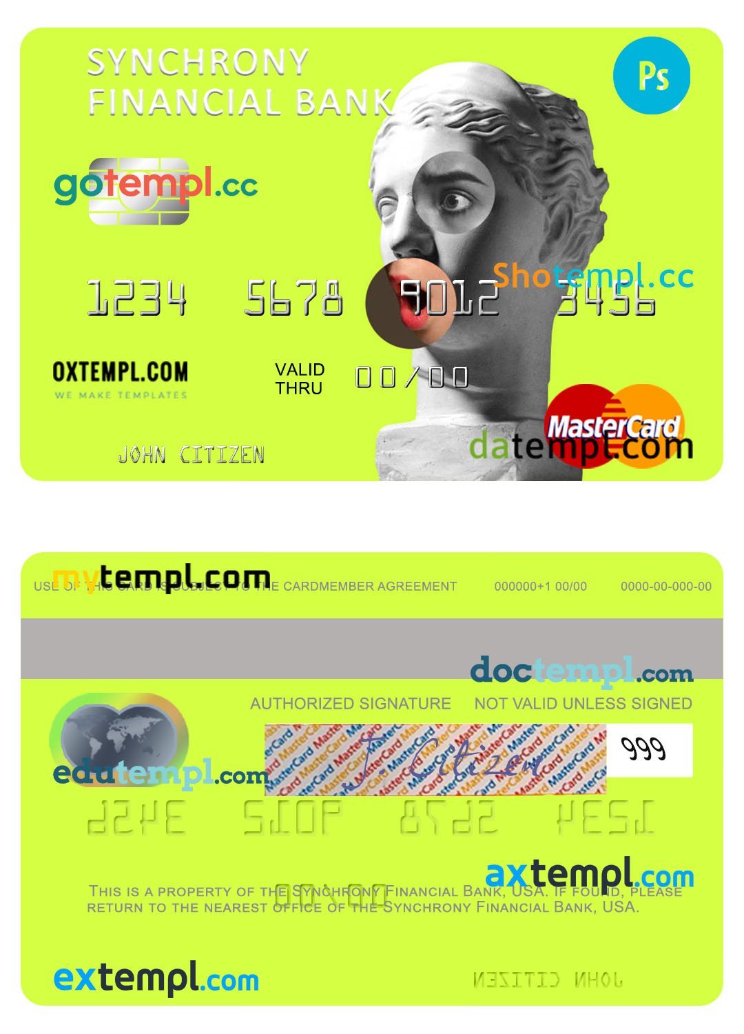 fake USA Synchrony Financial Bank mastercard download PSD template ...