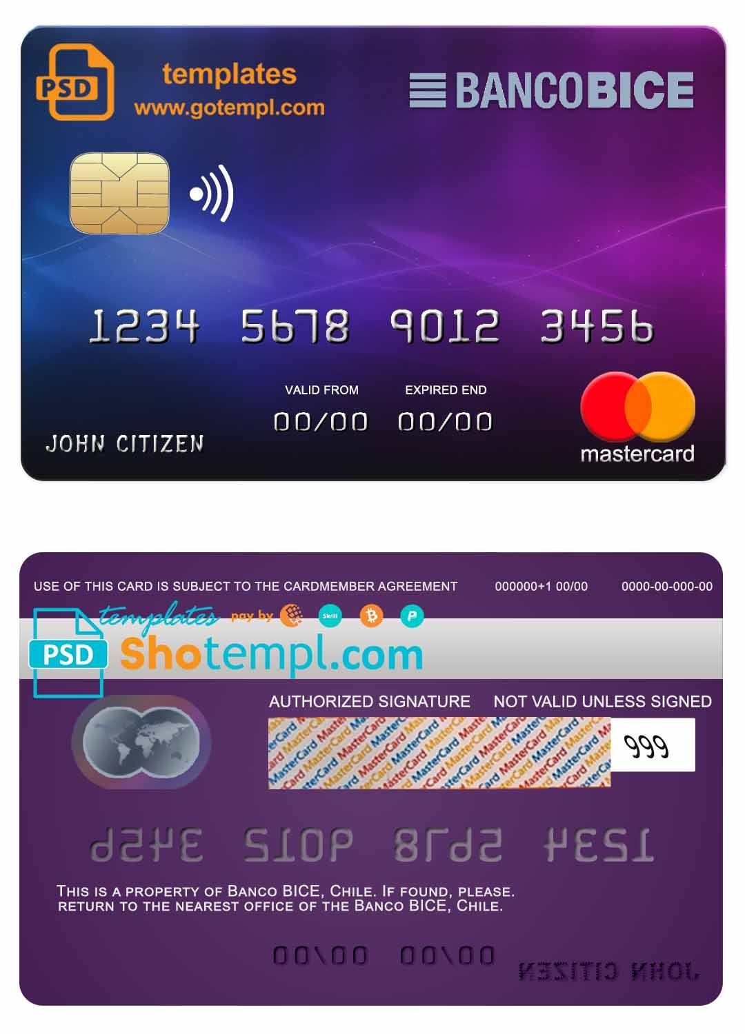 fake Chile BICE bank mastercard credit card download PSD template ...