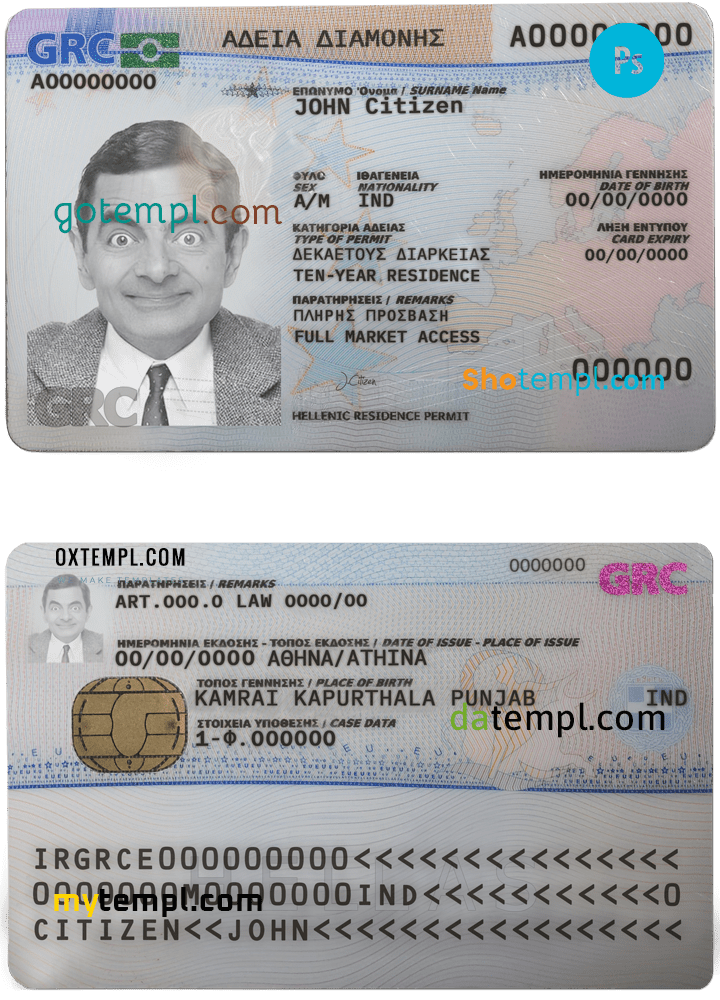 fake Greek residence permit card PSD template | fully editable ...